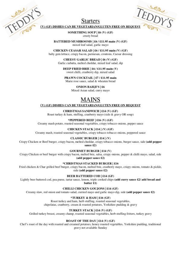 Main Menu - Teddys Bar & Restaurant Bangor