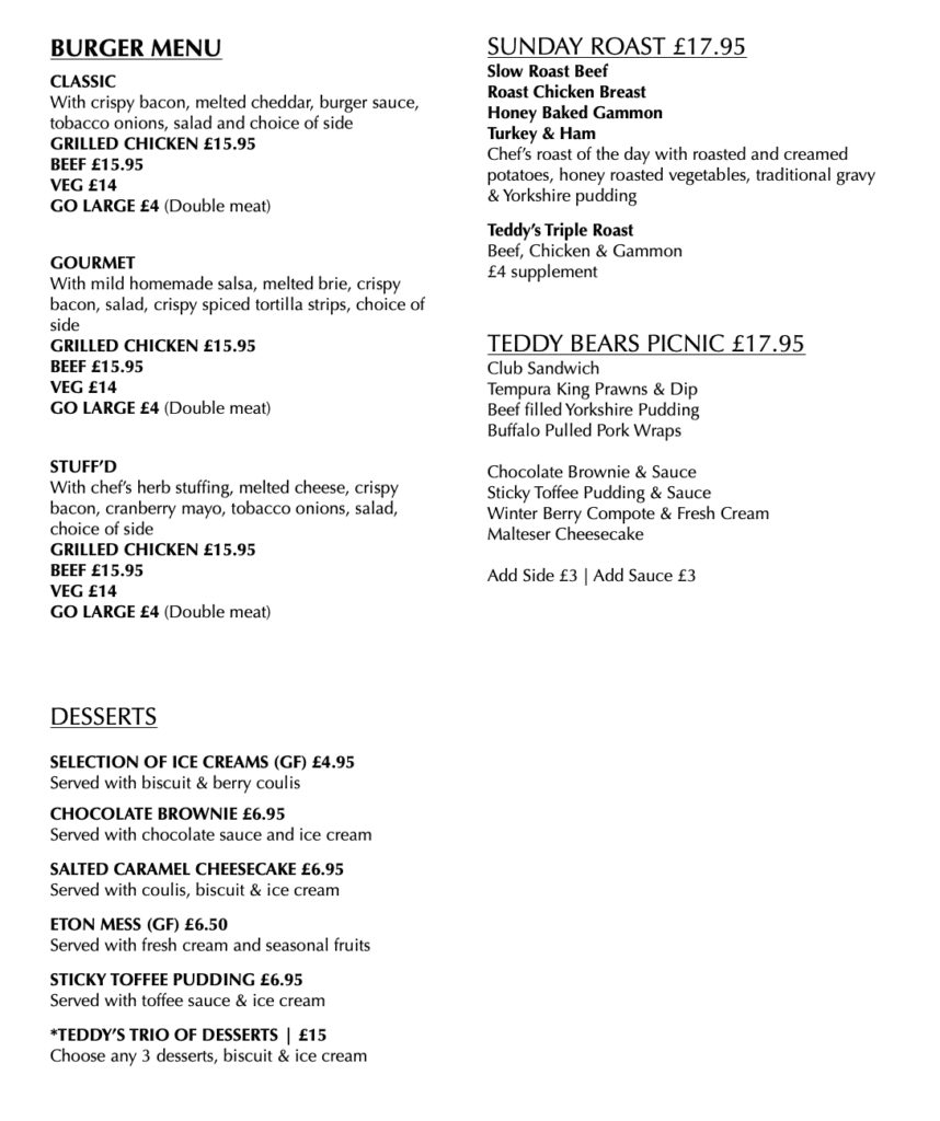 Main Menu - Teddys Bar & Restaurant Bangor